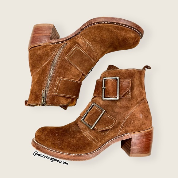 Frye | Shoes | Frye Sabrina Double Buckle Academia Brown Suede Leather Block Heel Ankle Boot ...